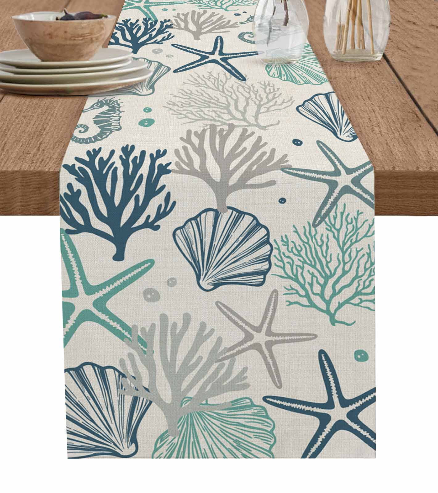 Teal Green Ocean Table Runner Coastal Coral Shell Farmhouse Marine ...
