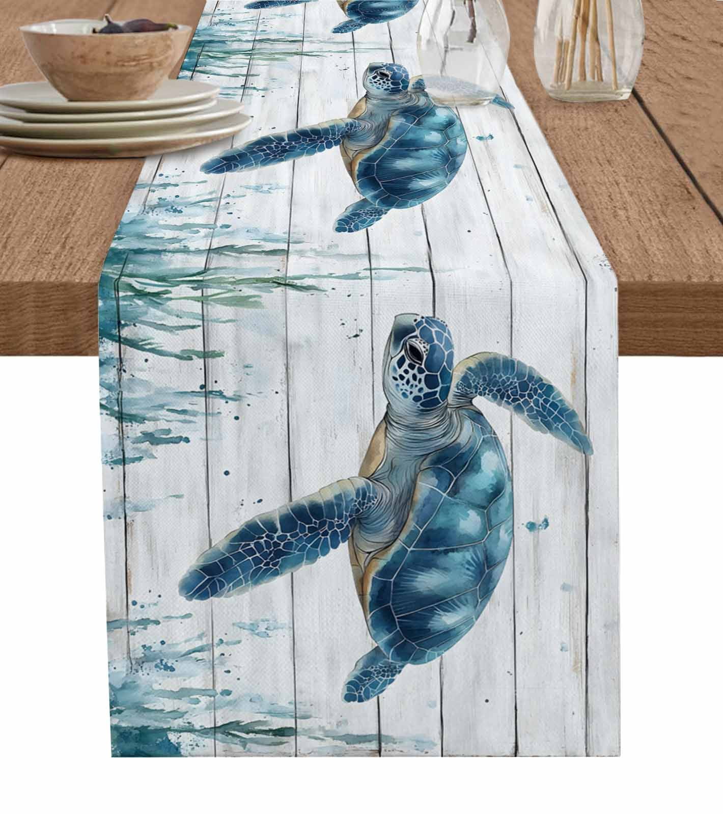 Teal Green Ocean Turtle Table Runner 90 Inches, Coastal Seaweed Wood Grain Bed Runner Dresser ...