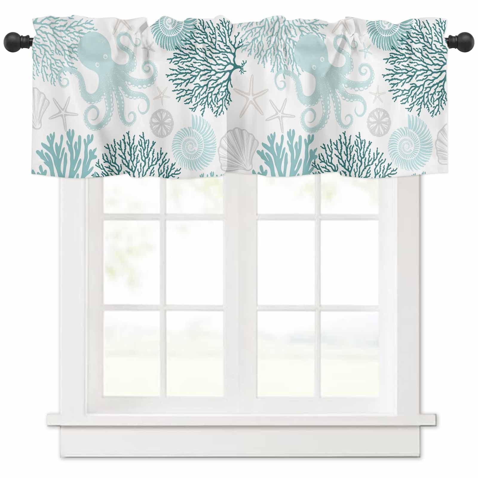 Teal Green Octopus Coastal Valances for Windows Farmhouse Kitchen ...