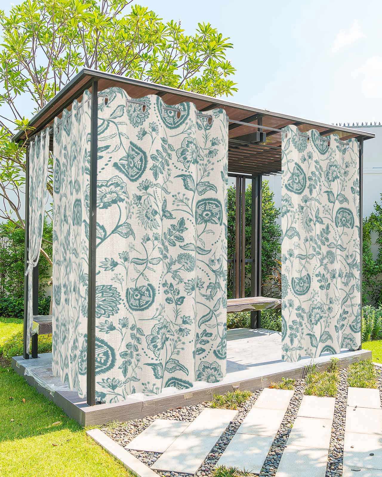 Teal Green Paisley Outdoor Curtains for Patio Waterproof,Boho Flower ...