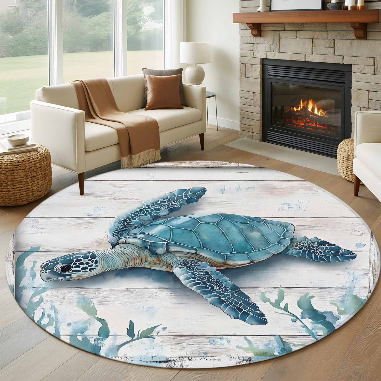 Teal Green Sea Turtle Round Rug 5ft Washable Circle Kitchen Rugs Non ...