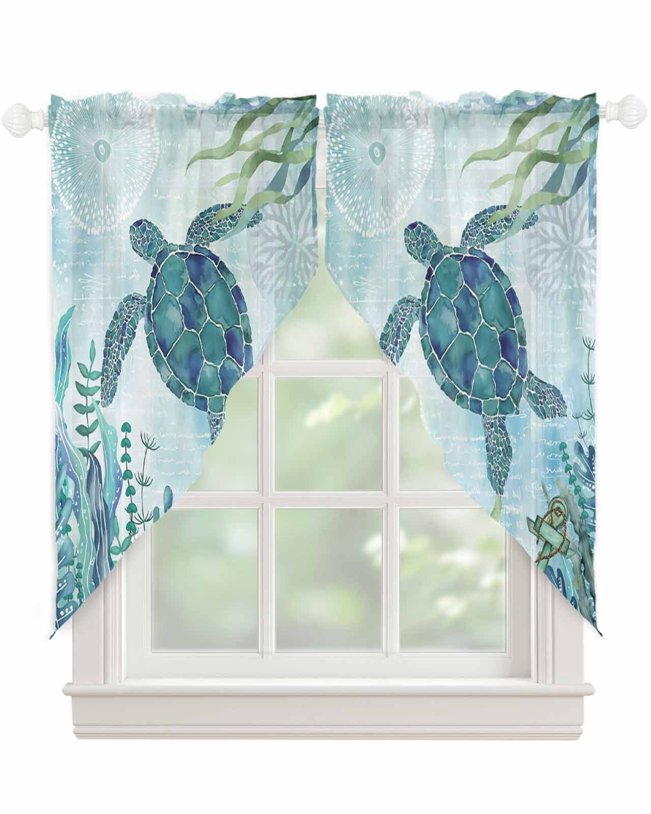 Teal Green Sea Turtle Swag Valances for Windows, Coastal Summer Beach ...