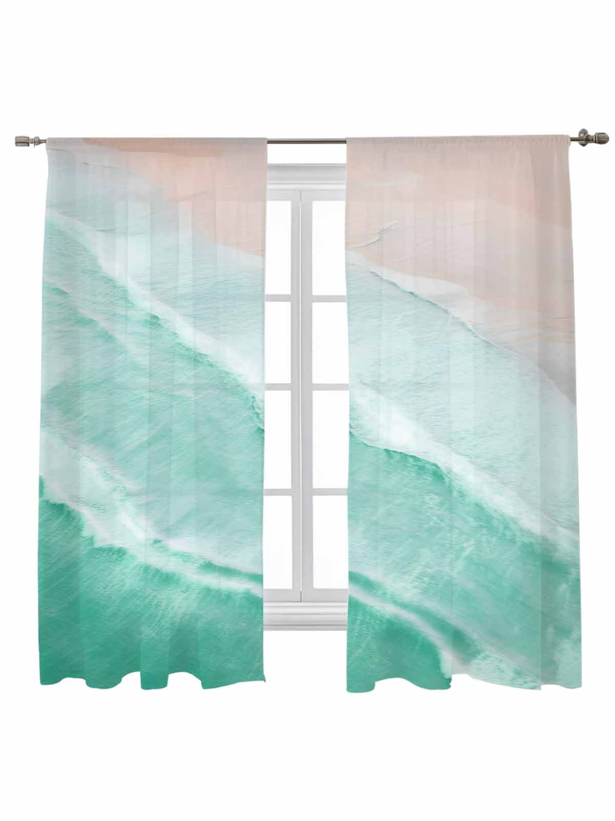 Teal Green Sheer Curtains 63 Inch Long 2 Panels, Gradient Sea Waves ...