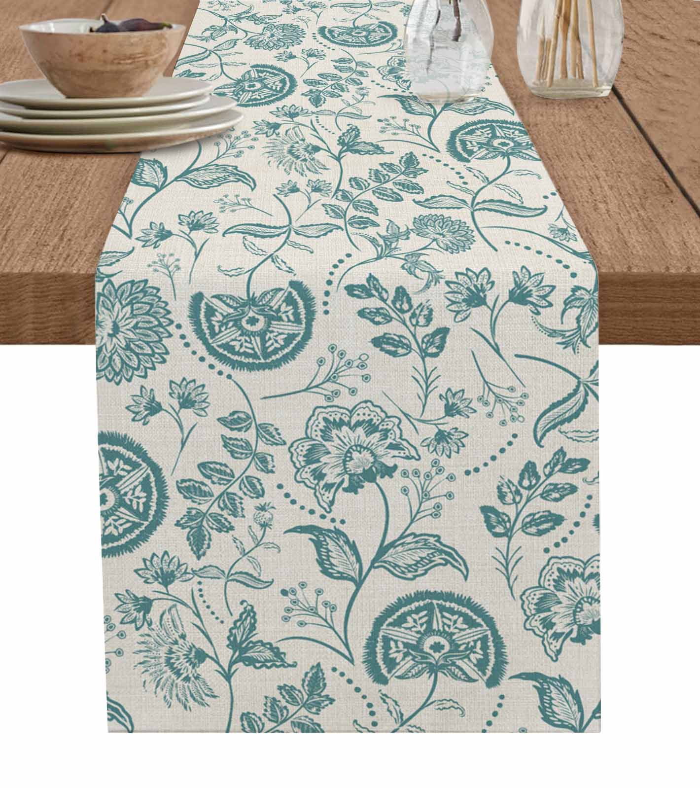 Teal Green Spring Floral Table Runner - 90 Inch Long, Kitchen Dining ...