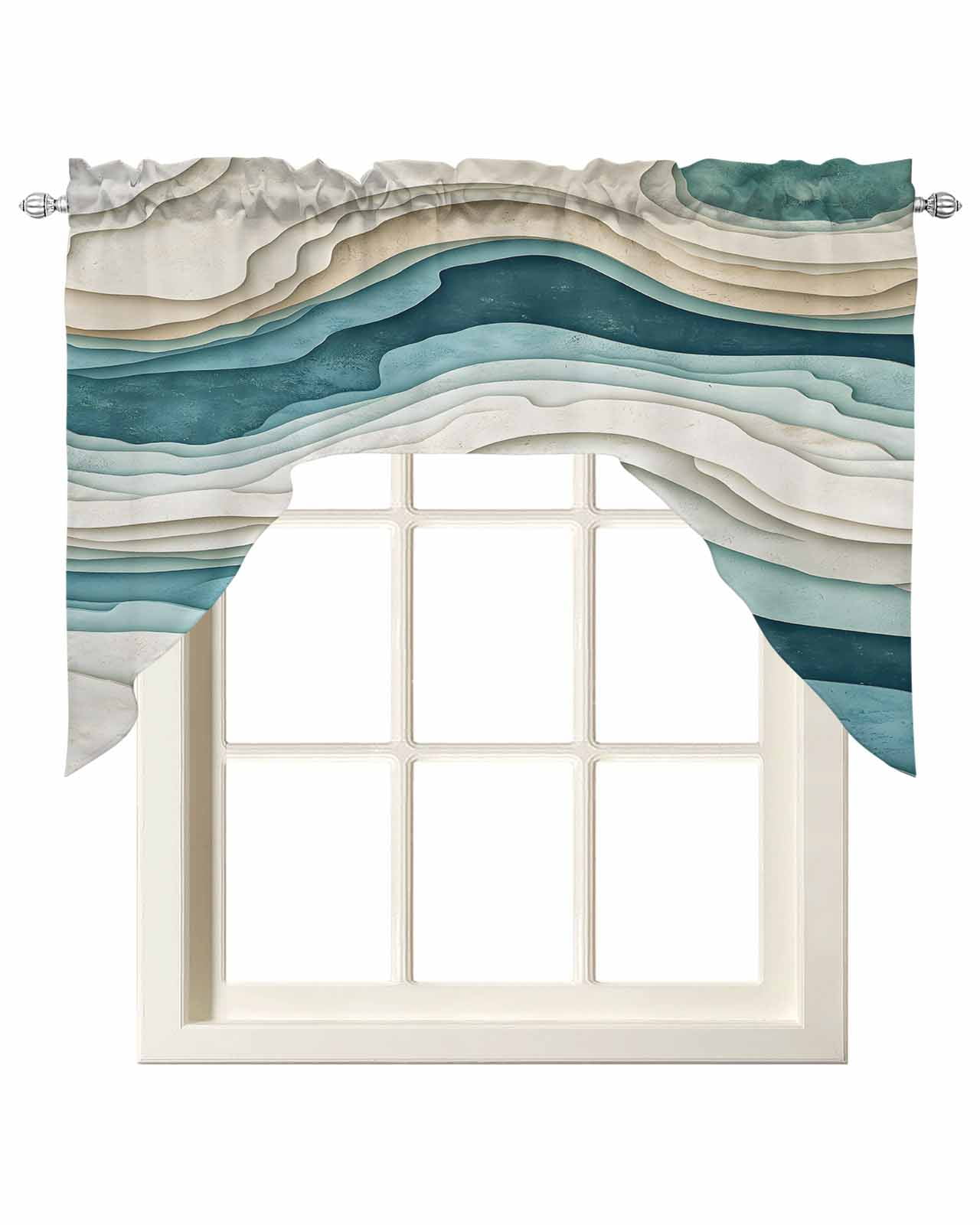 Teal Green Swag Valance and Tier Curtains Set Beige Gradient Wave Lines ...