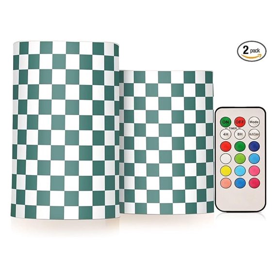Teal Green White Checkered Flickering Flameless Candles LED Battery ...