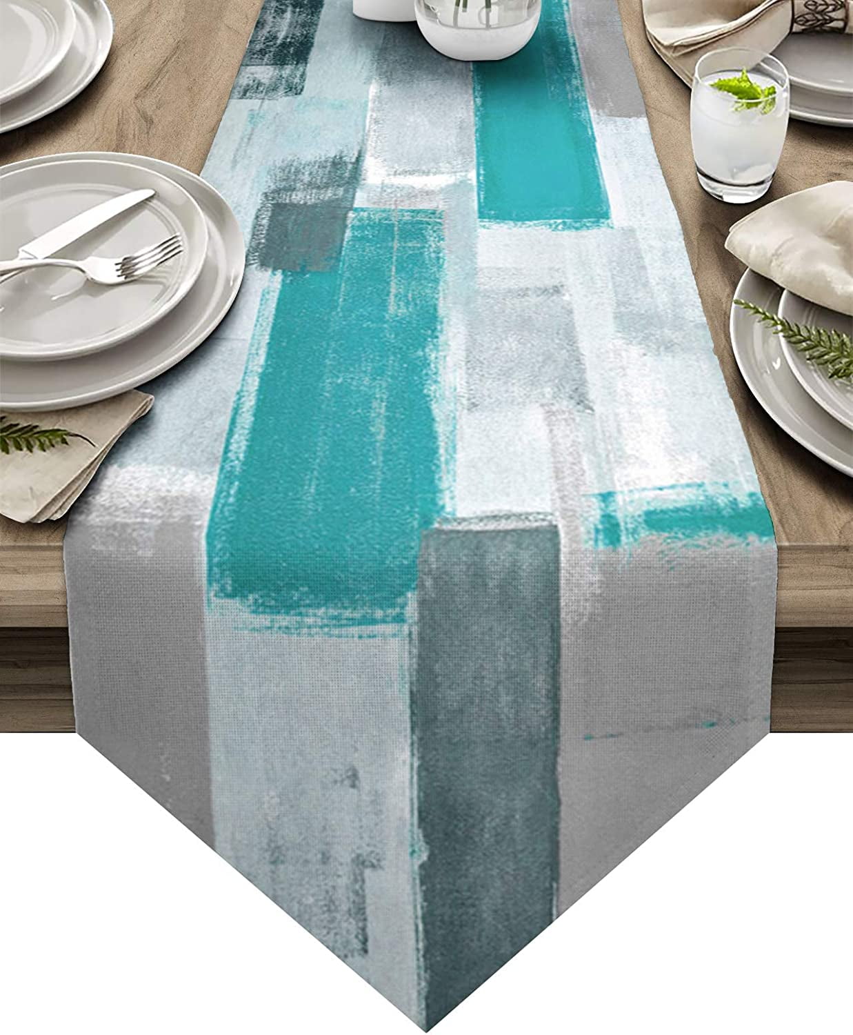 Teal Grey Abstract Art Linen Table Runner Holiday Party ration Washable ...