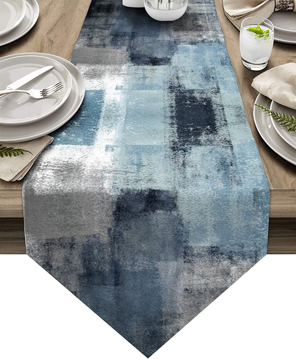 Teal Grey Abstract Art Linen Table Runner Holiday Party ration Washable ...