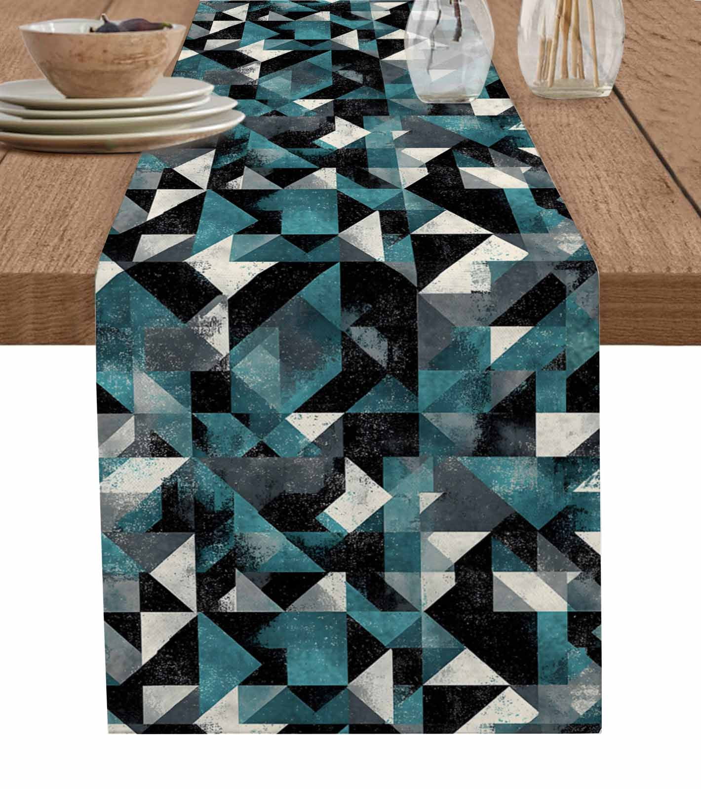 Teal Grey Abstract Art Table Runner 72 Inches, Modern Art Geometric Bed ...
