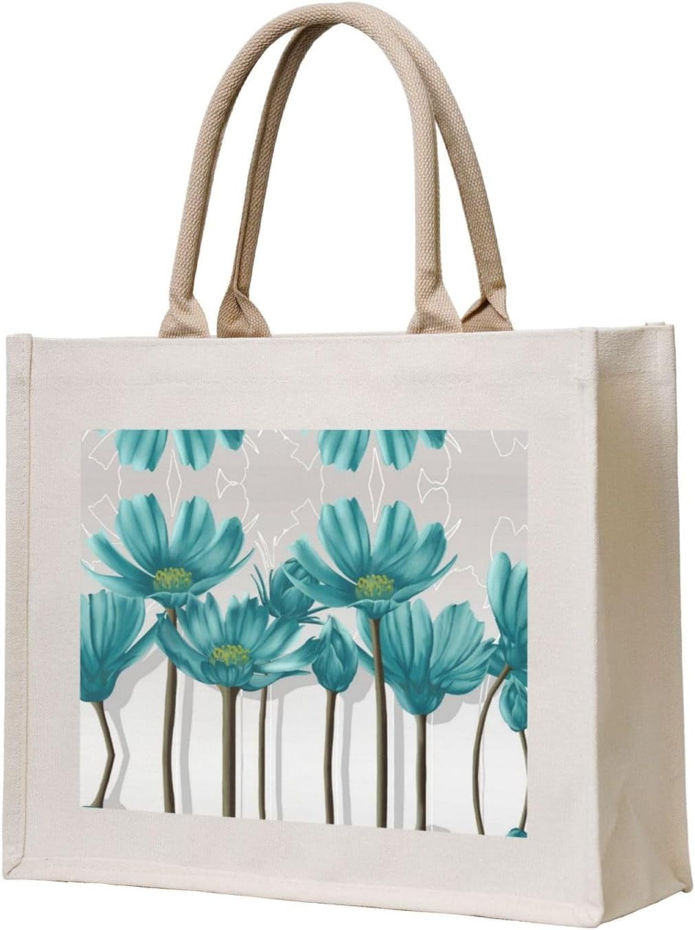 Teal Grey And White Floral Canvas Tote Bag For Women, Aesthetics Gifts ...