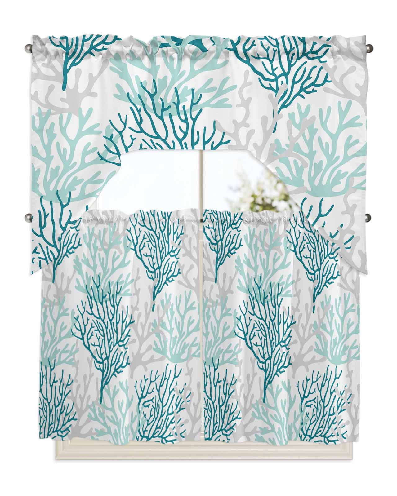 Teal Grey Coral Coastal Kitchen Curtains Swag Valance and Tier Curtains ...