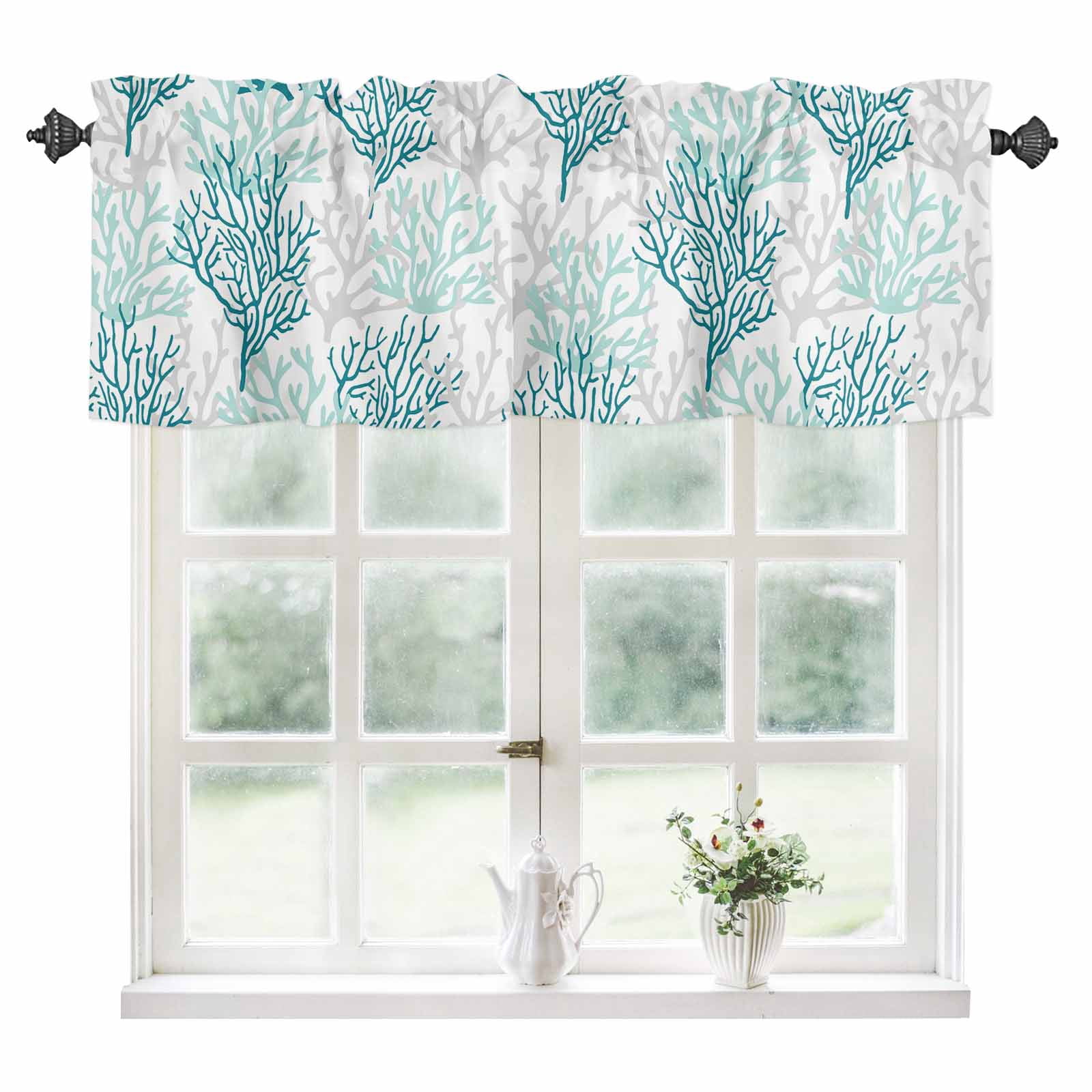 Teal Grey Coral Coastal Kitchen Valances for Windows 42x12 Inch Kitchen ...