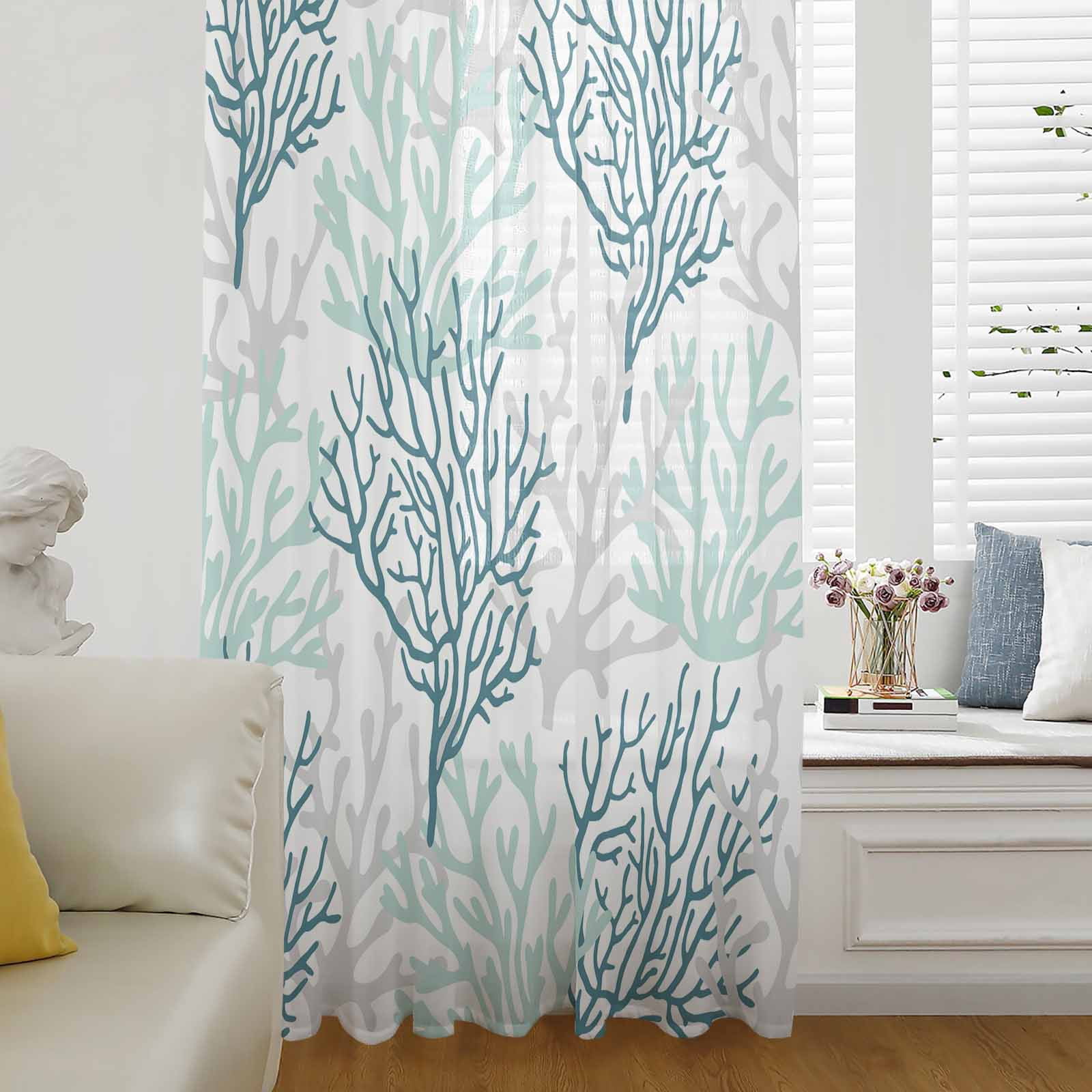 Teal Grey Coral Coastal Semi Sheer Curtains Drapes for Living Room ...