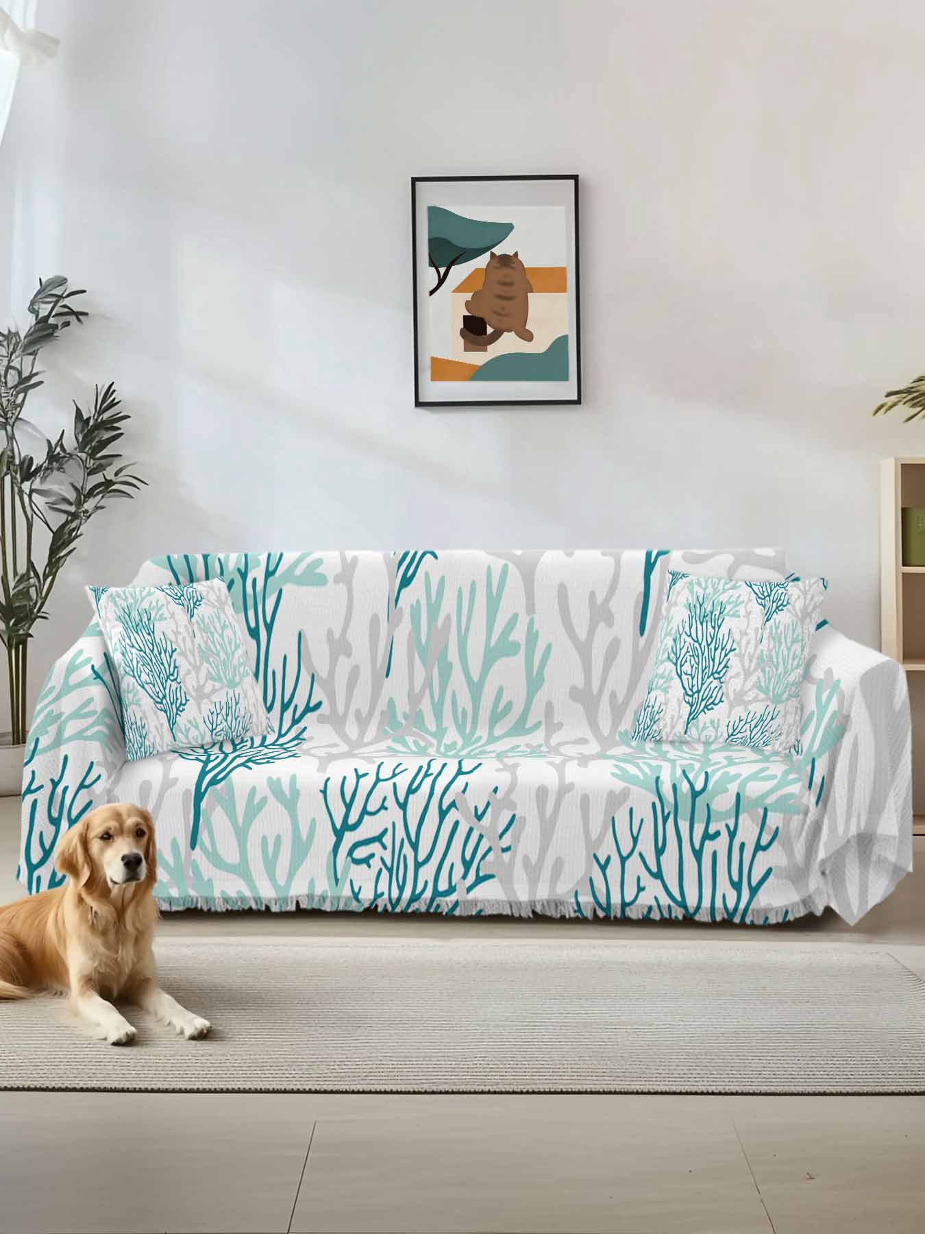Teal Grey Coral Coastal Sofa Covers for 2-3 Cushion Couch L-Shaped ...
