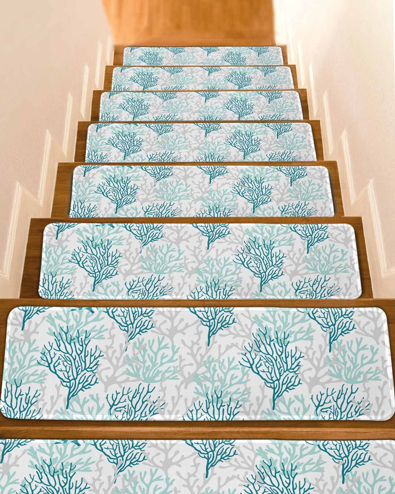 Teal Grey Coral Coastal Stair Treads for Wooden Steps Indoor Runner Rug ...