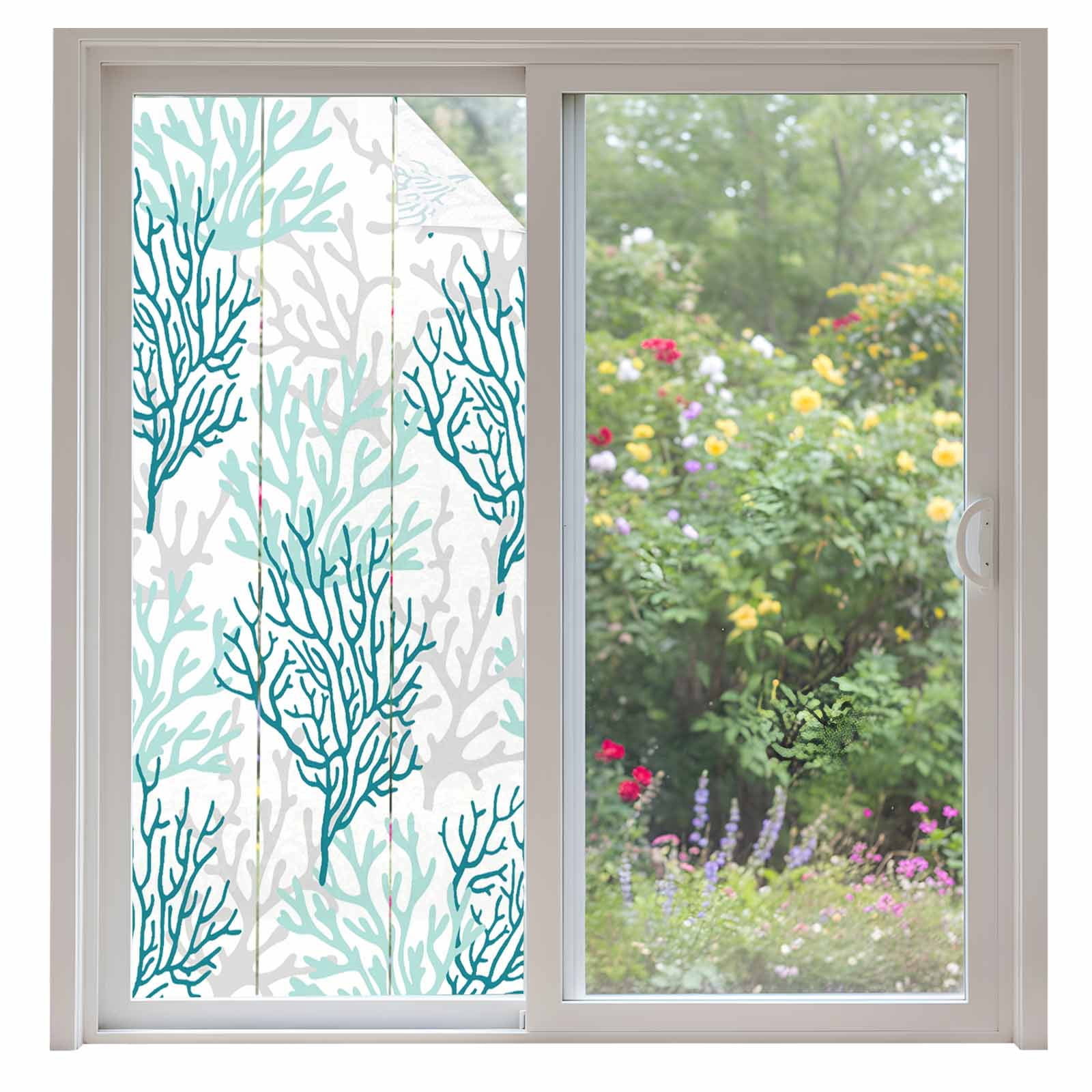 Teal Grey Coral Coastal Window Privacy Film, Summer Beach Seaside ...