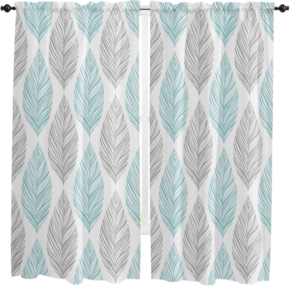 Teal and Grey Leaf Texture Window Curtains 63 Inch Length Turquoise ...