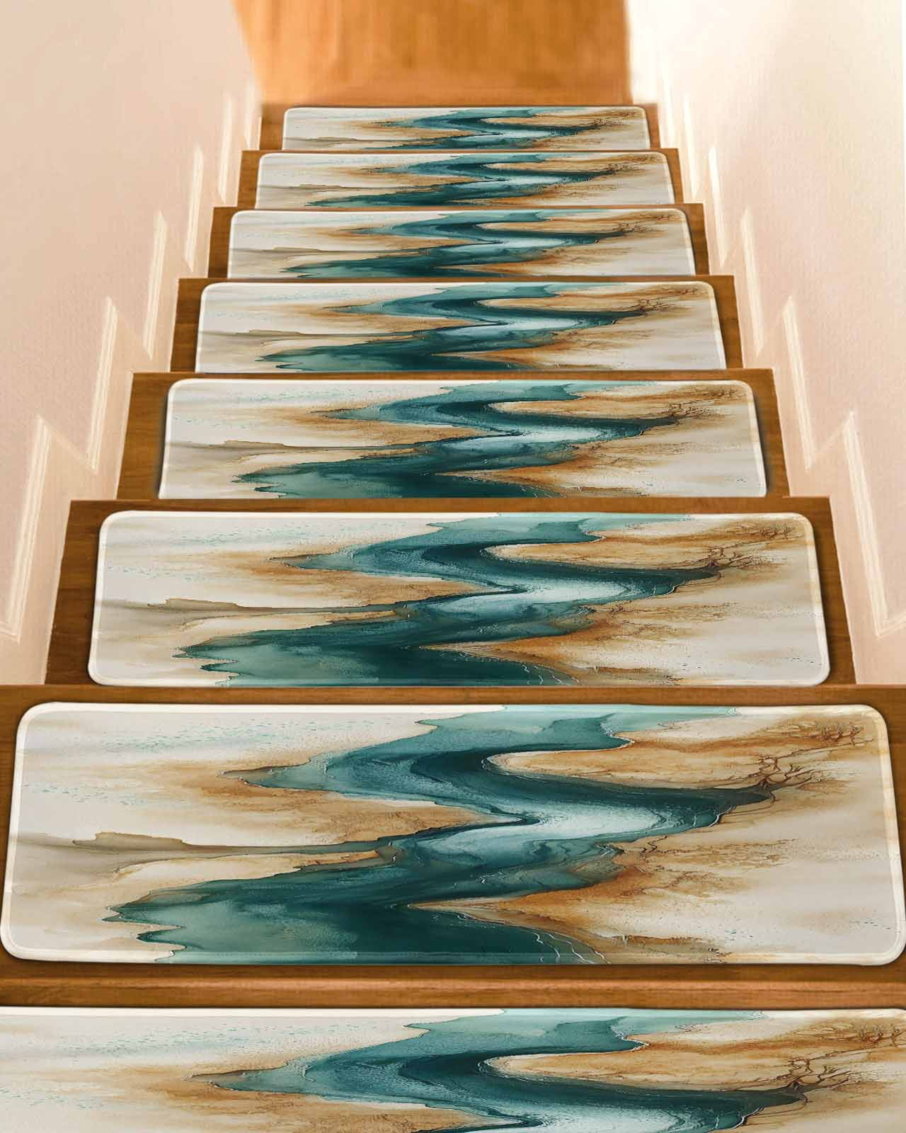 Teal Grey Marble Non-Slip Stair Treads for Wooden Steps, 4 Pack-8x30in ...