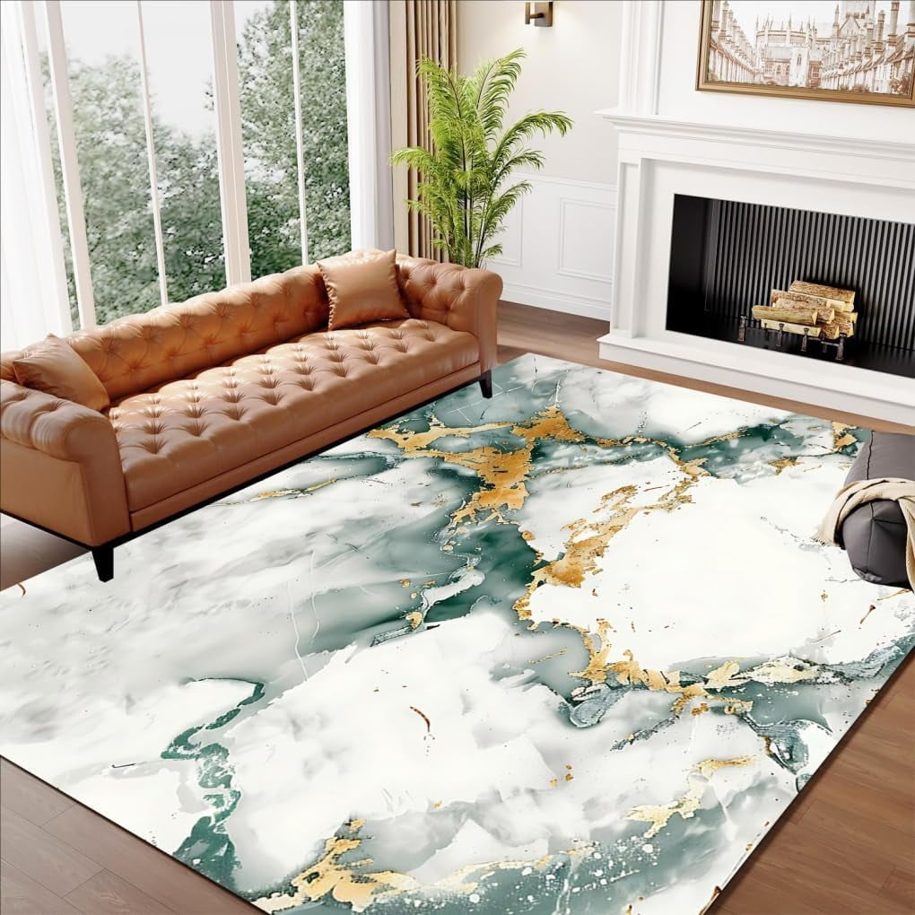 Teal Grey Natural Marble Texture Modern Abstract Area Rug For Living ...