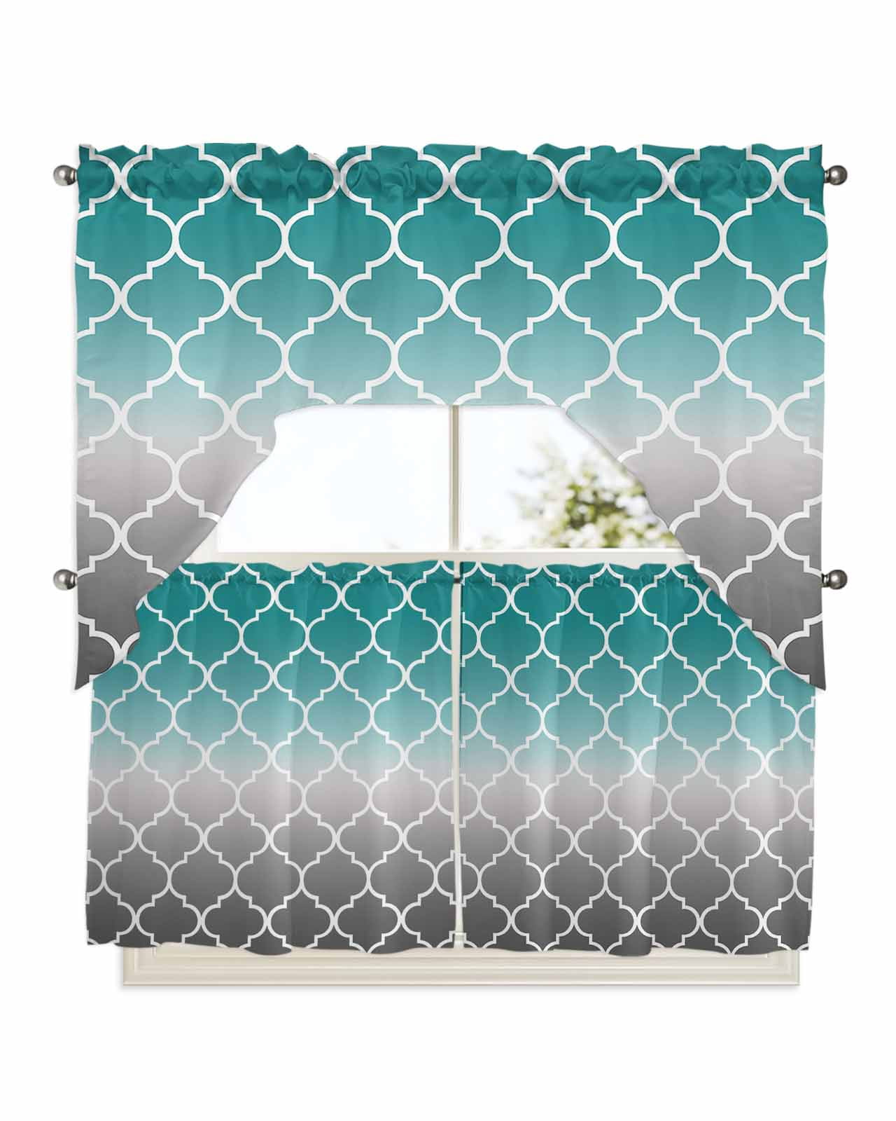 Teal Grey Ombre Morocco Pattern Kitchen Curtains Swag Valance and Tier ...