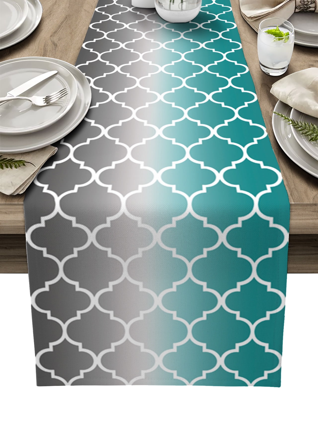 Teal Grey Ombre Morocco Pattern Table Runner Modern Moroccan Geometric ...
