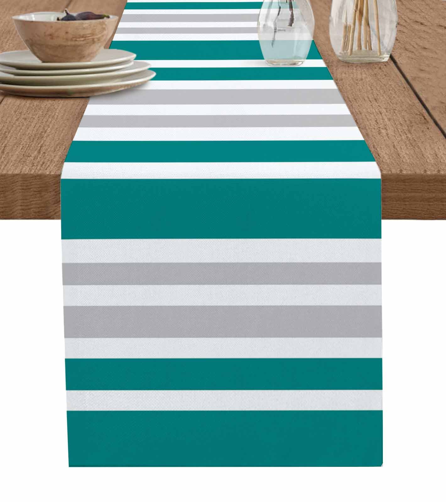 Teal Grey Striped Short Table Runners 36 Inches, Cotton Linen Fabric ...