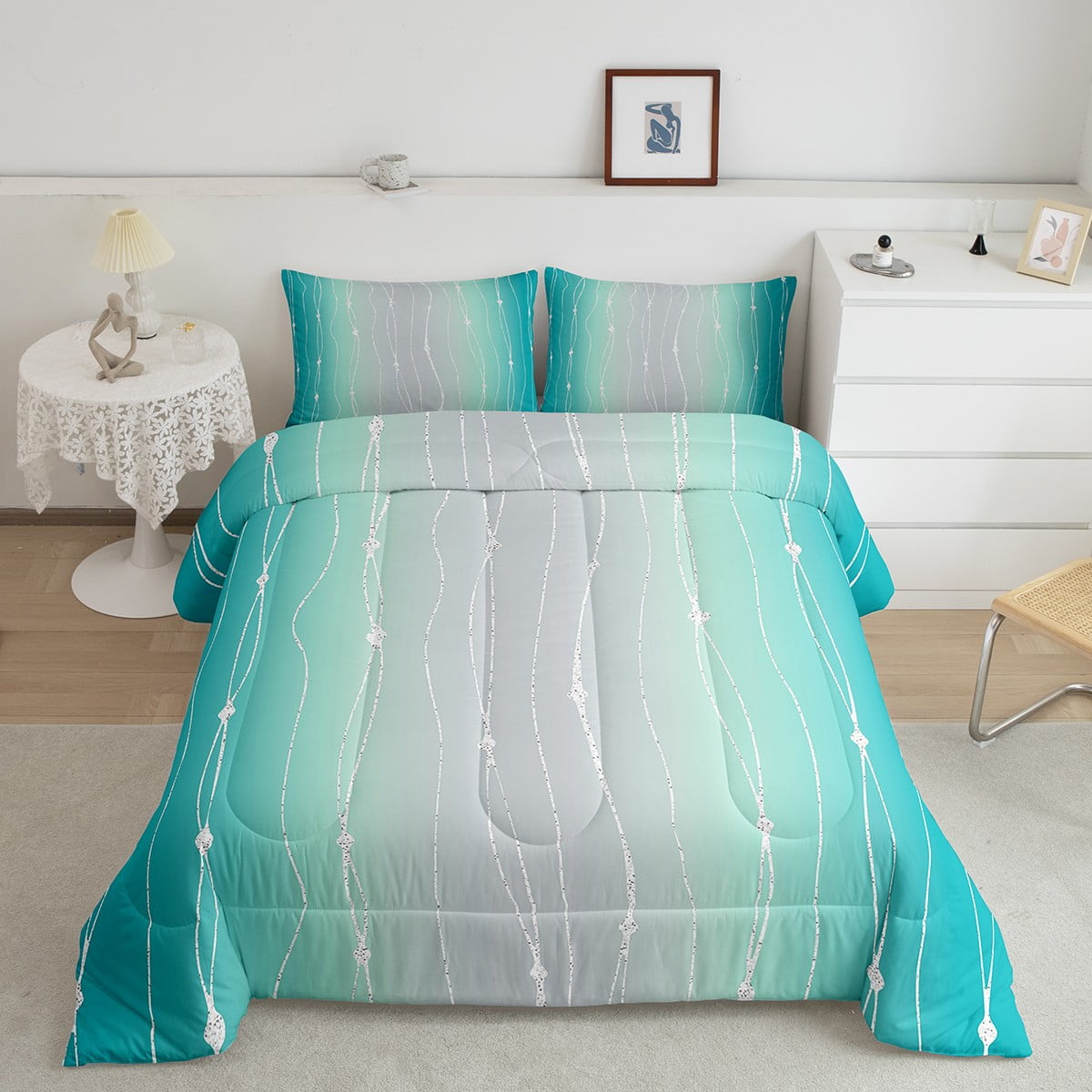 Teal and Grey Watercolor Bedding Set Full Wave Lines and Dots Comforter ...