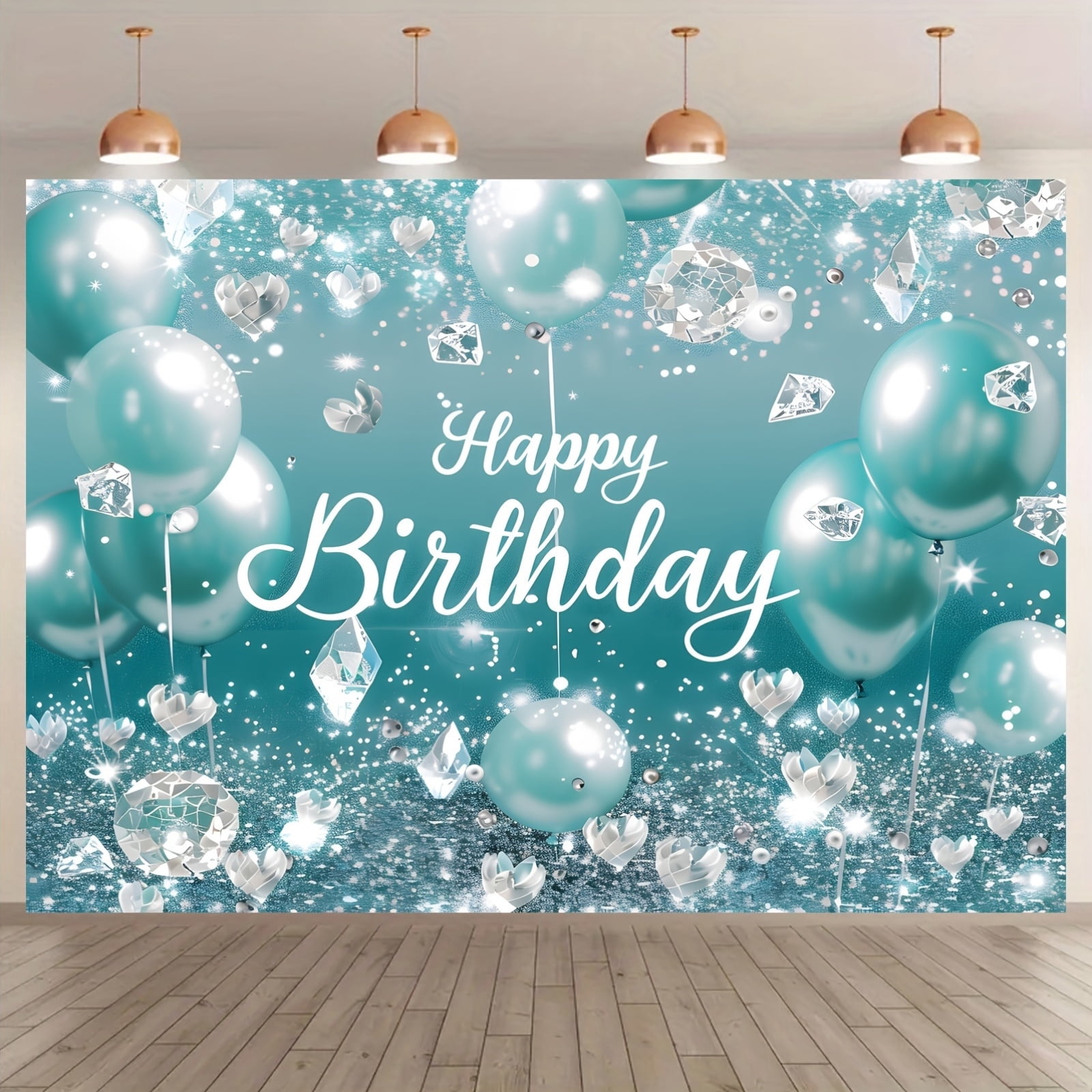 Teal Happy Birthday Backdrop Turquoise and Silver Birthday Party ...