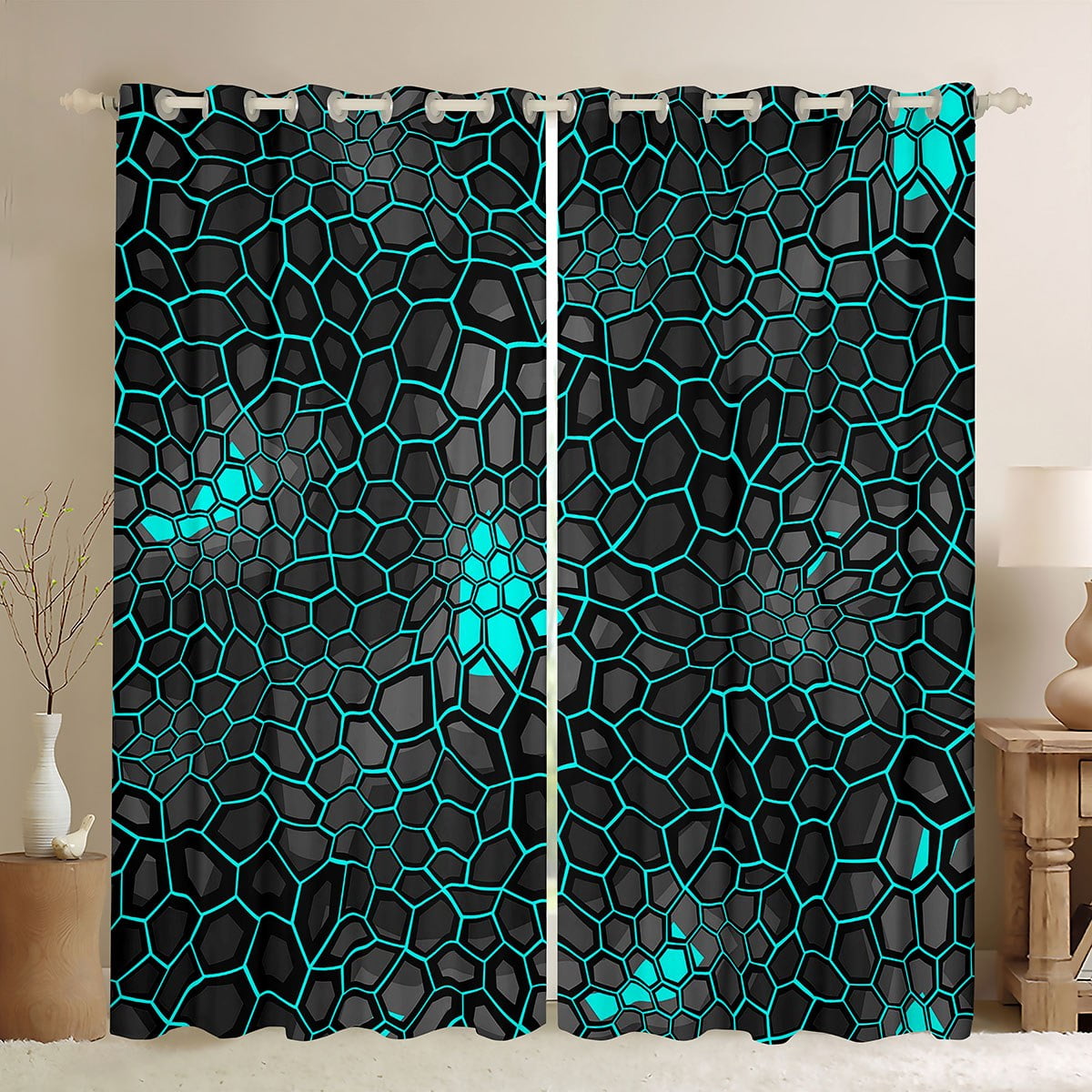 Teal Honeycomb Curtains & Drapes Camouflage Geometric Blackout Curtains ...