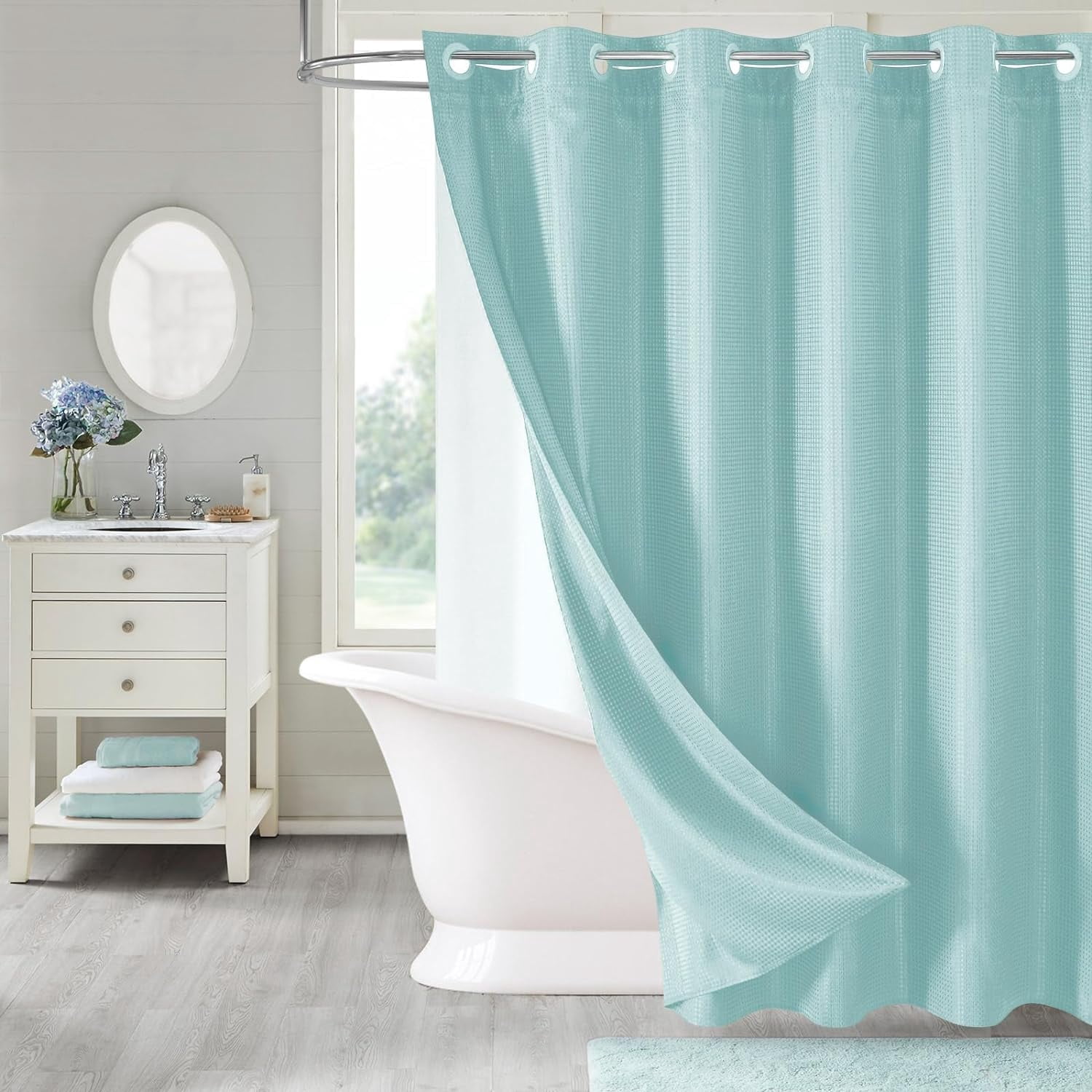 Teal No Hooks Needed Waffle Shower Curtain with Snap-in Liner ...