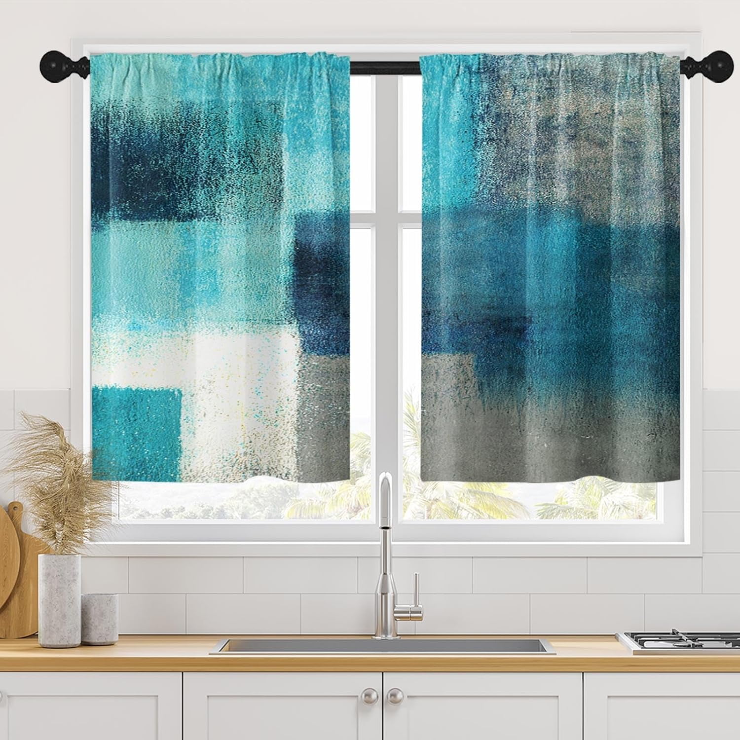 Teal Kitchen Curtains 36 Inch Length Turquoise Window Short Tier ...