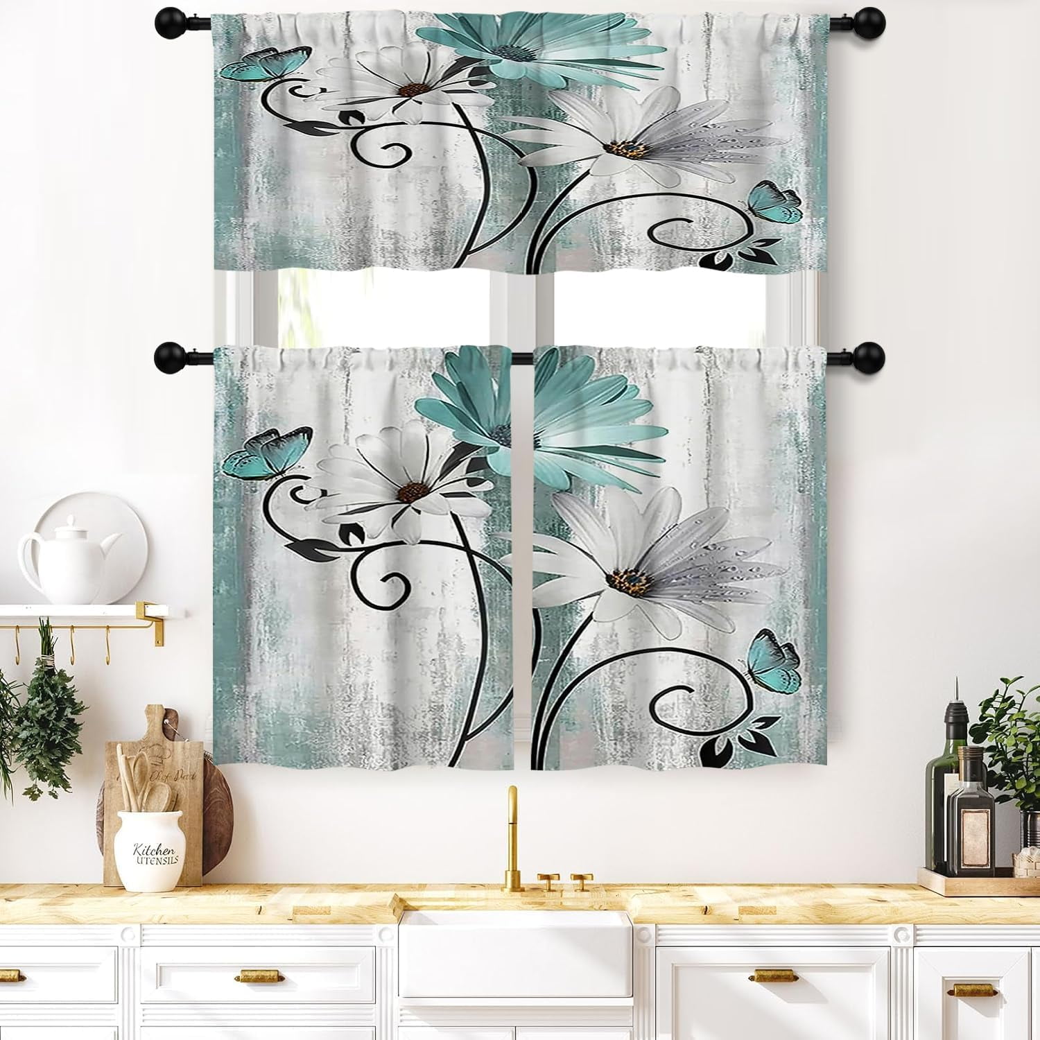 Teal Kitchen Curtains Flower Farmhouse Kitchen Curtains Floral ...