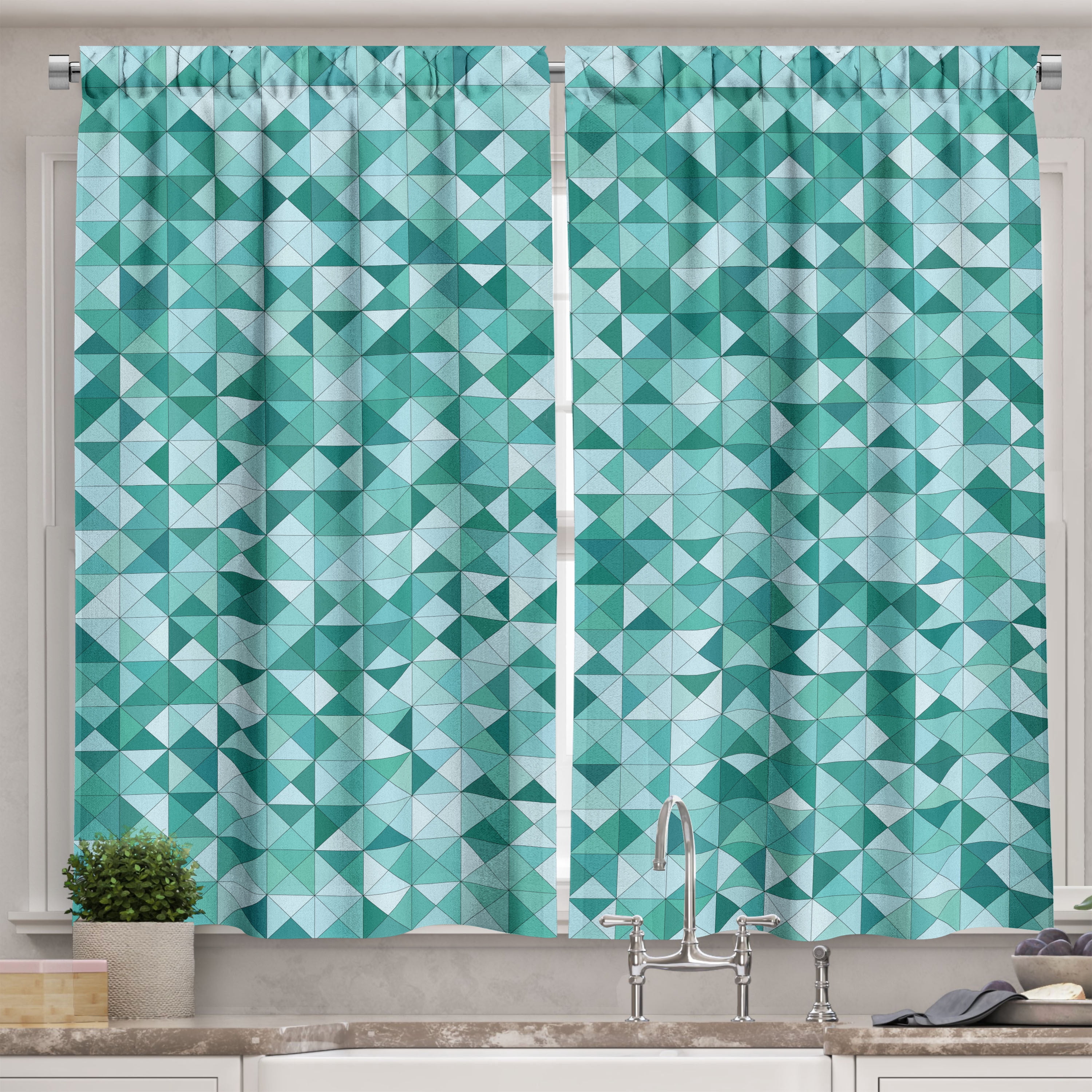 Teal Kitchen Curtains, Triangle Mosaic with Polygon Shapes with Shadows ...
