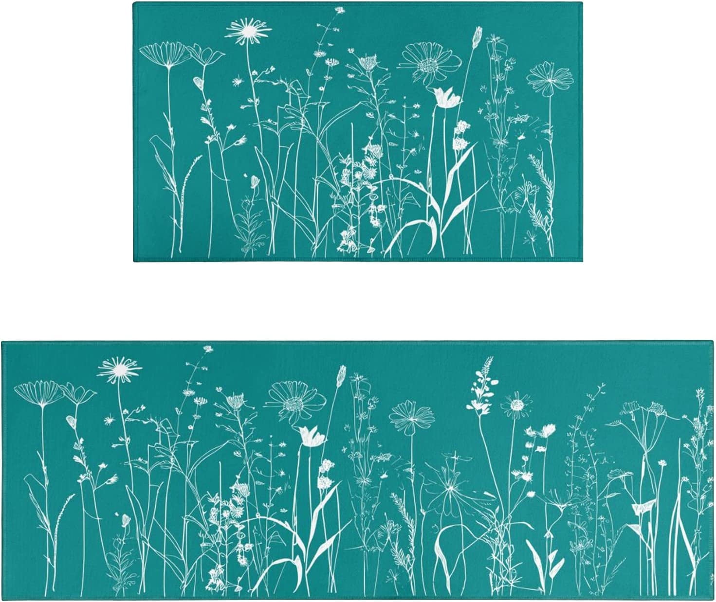 Pionism Teal Kitchen Rugs Sets of 2, Washable Floral Mats, 17x47 and ...