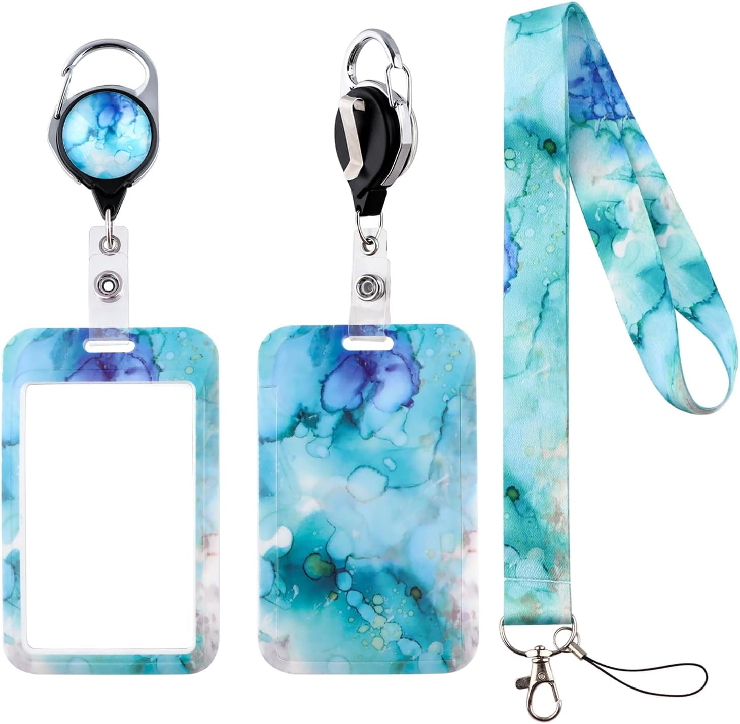 Teal Lanyard with ID Badge Holder, Marble Retractable Badge Reel Clip ...