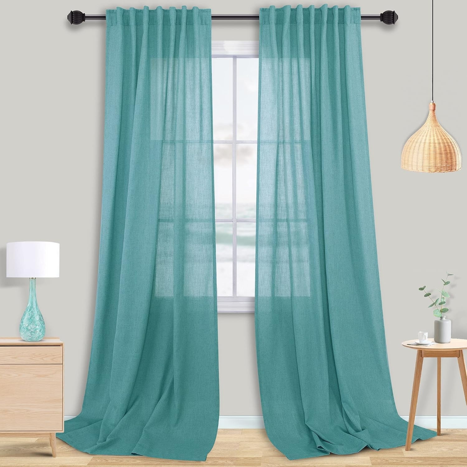Teal Linen Curtains 52x96 Inch Length for Living Room Dining Room, Back ...