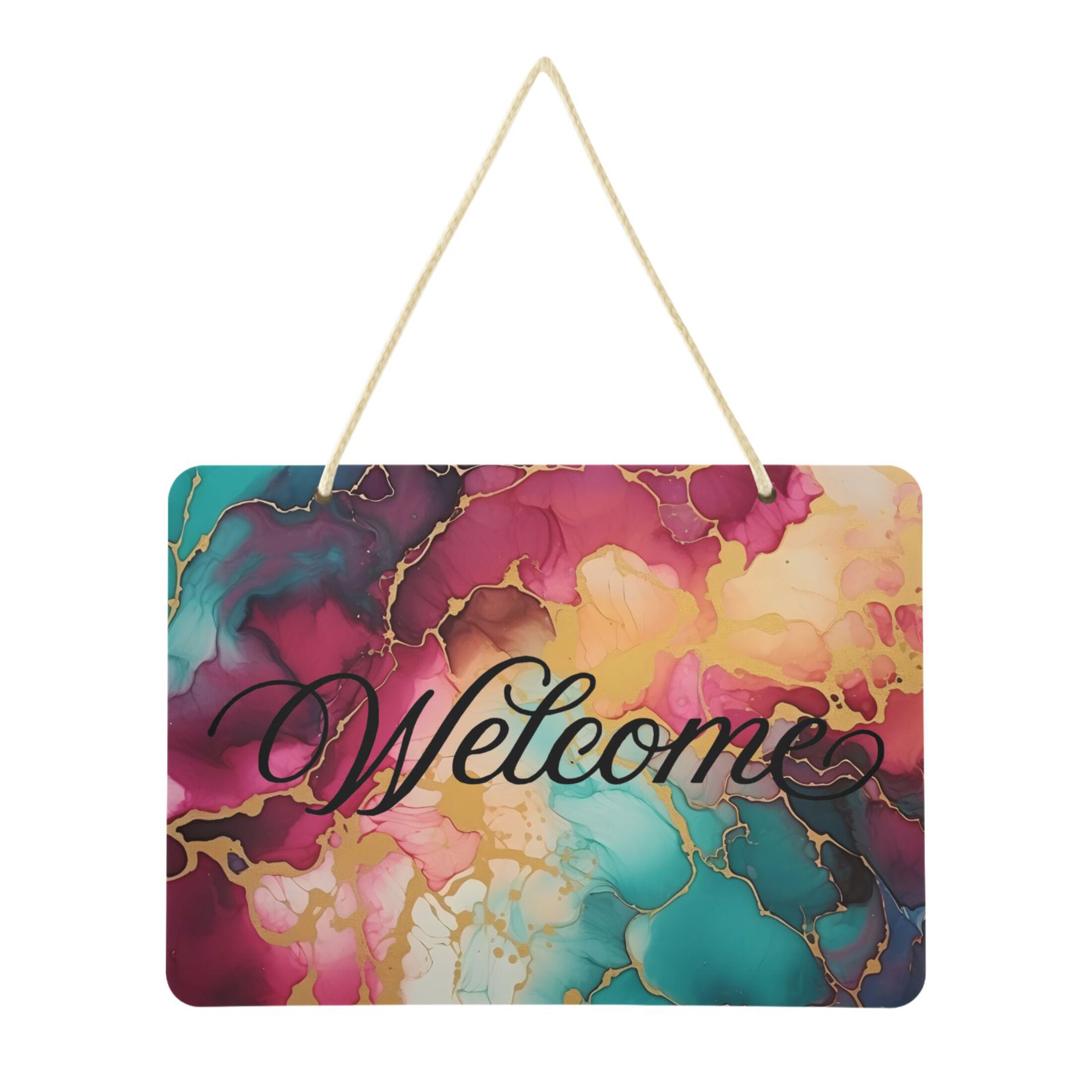 Teal Magenta Marble Welcome Sign Front Door PVC 14x10 inch Hanger Hello ...