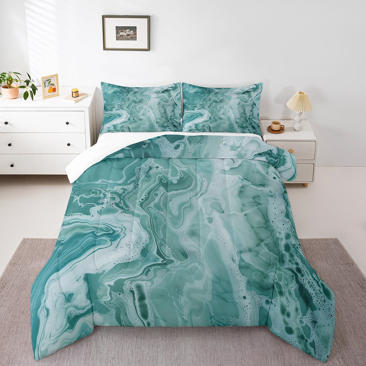 Teal Marble Down Comforter Abstract Marbling Bedding Set For Women Men ...