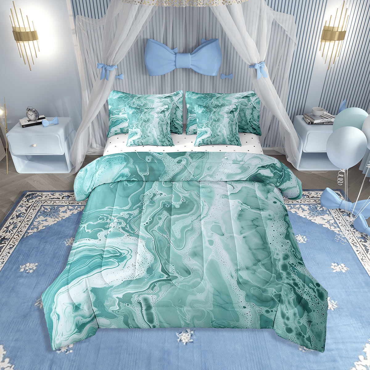 Teal Marble Full Comforter Set 7 Piece Abstract Marbling Bed In A Bag ...
