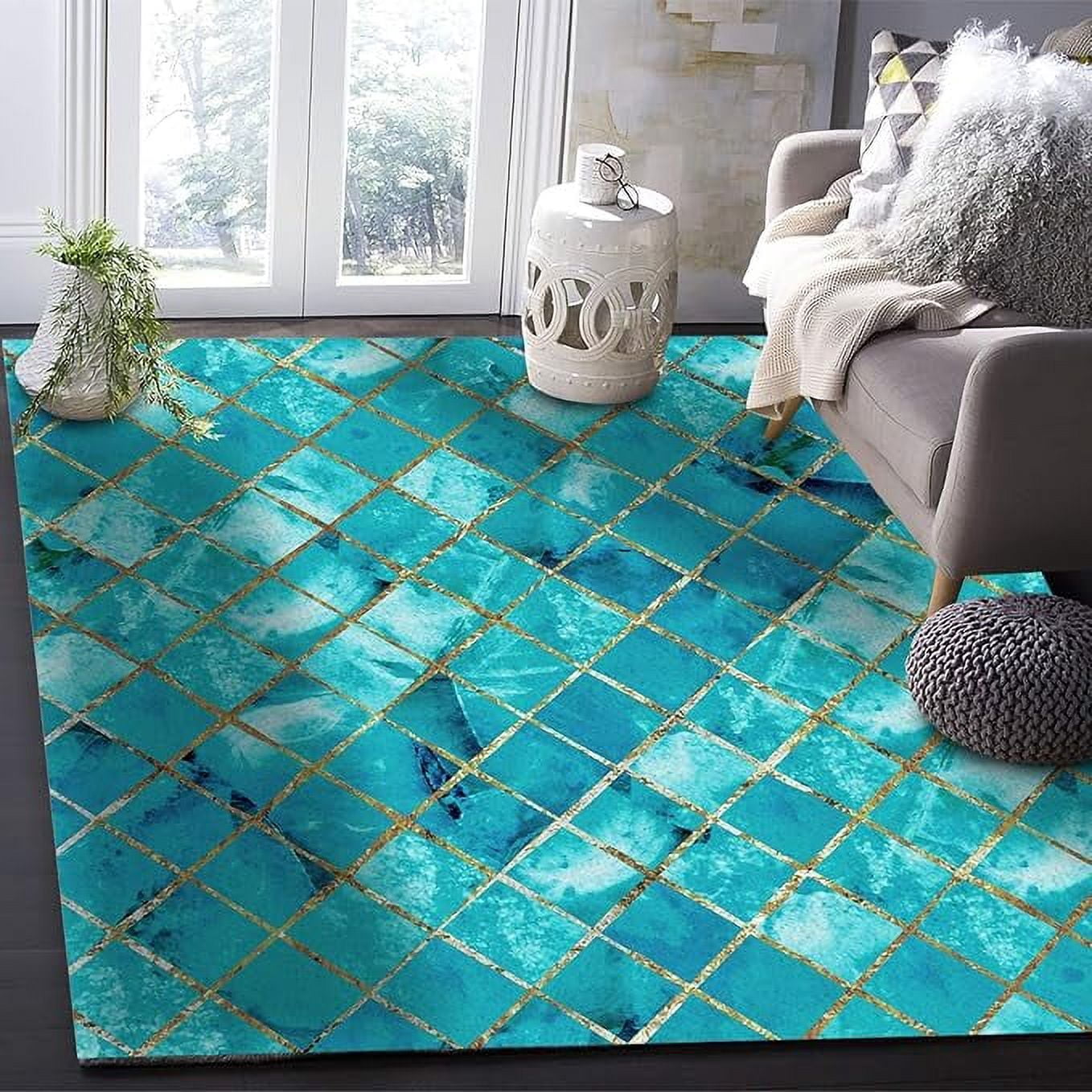 Teal Marble Gold Stripes Area Rug For Living Room Bedroom, Turquoise ...