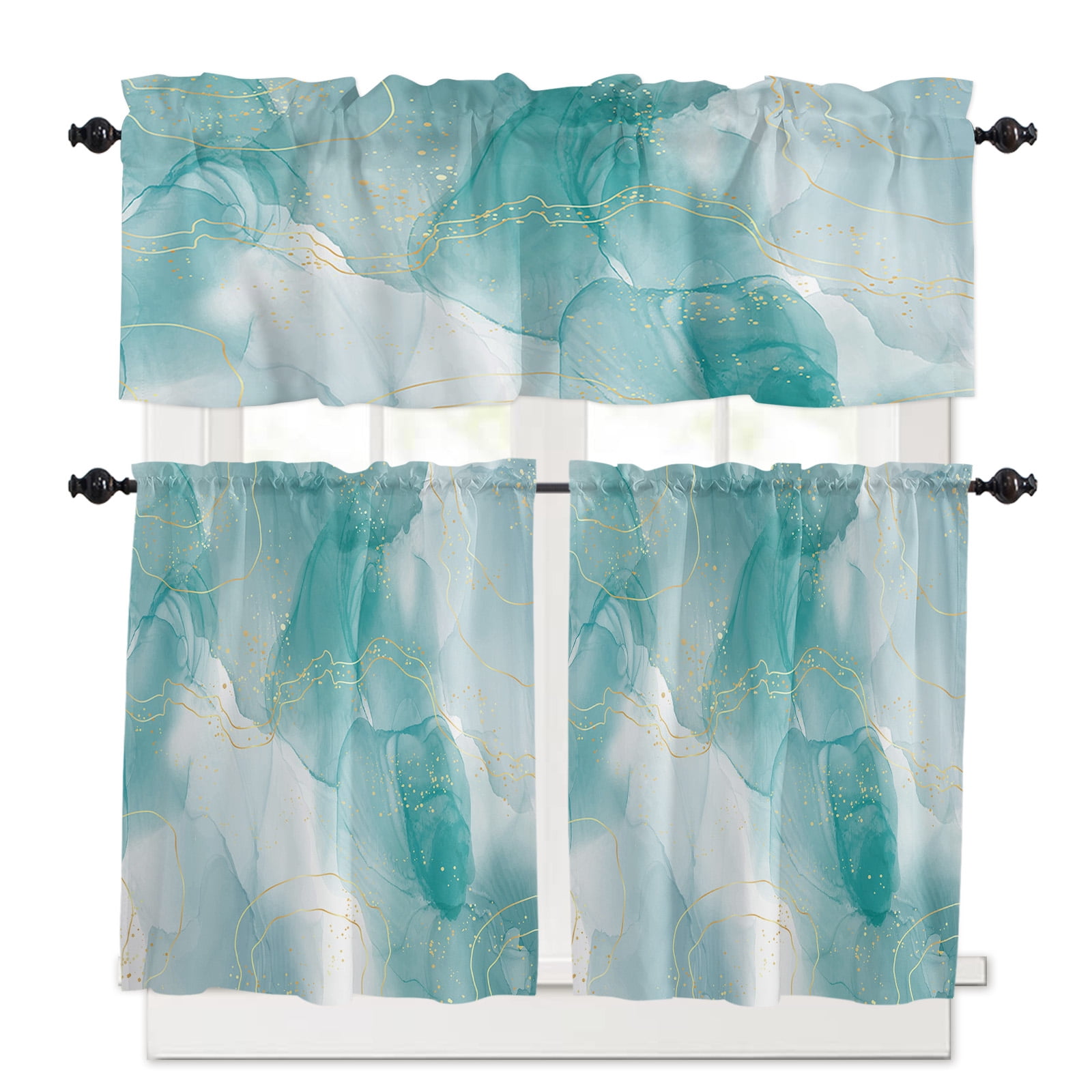 Teal Marble Kitchen Curtains Valances and Tiers Set of 3, Abstract Teal ...