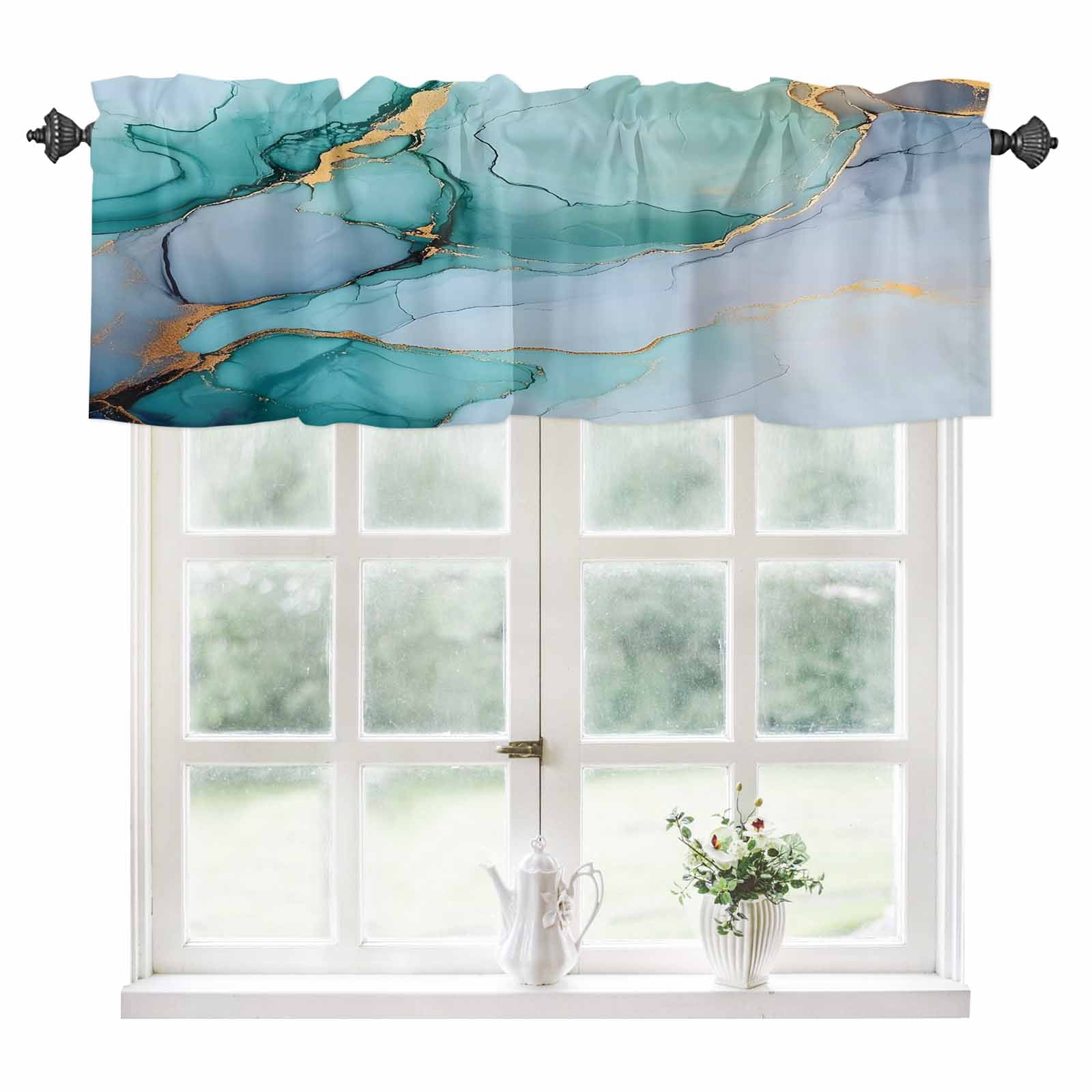 Teal Marble Kitchen Valances for Windows 60x18 Inch Kitchen Curtains ...