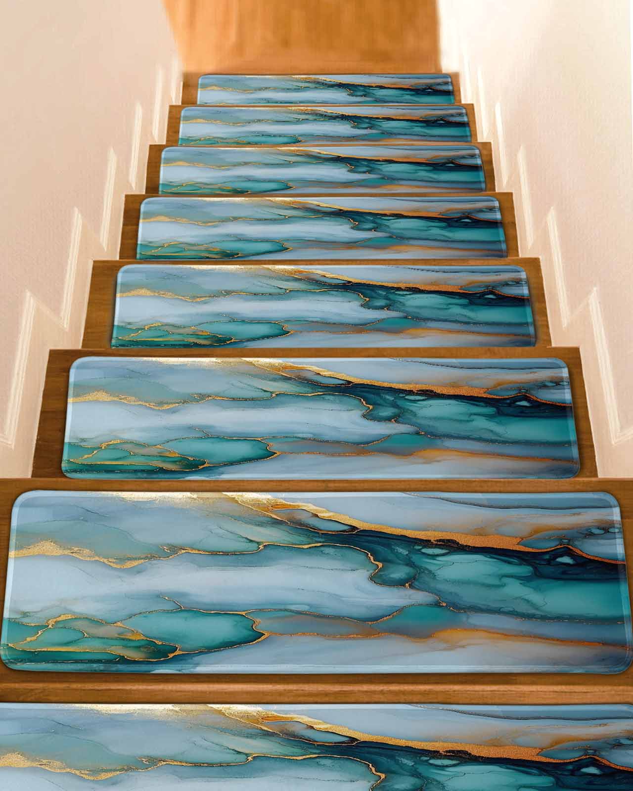Teal Marble Non-Slip Stair Treads for Wooden Steps, 10 Pack-8x30in ...