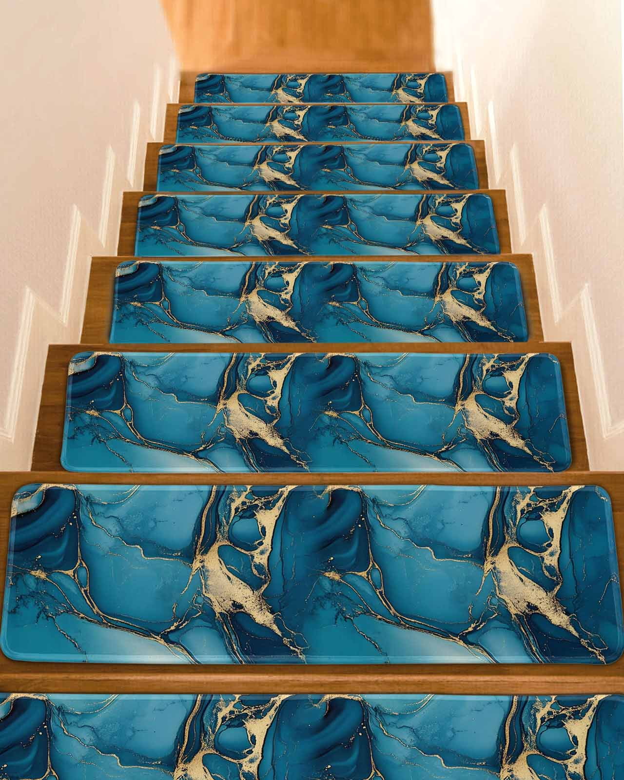 Teal Marble Non-Slip Stair Treads for Wooden Steps, 10 Pack-8x30in ...