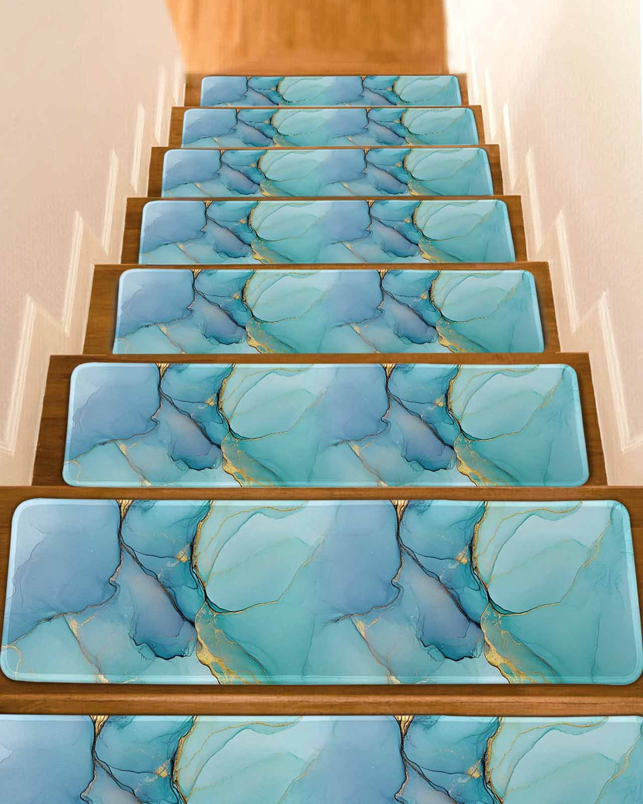 Teal Marble Non-Slip Stair Treads for Wooden Steps, 15 Pack-8x30in ...
