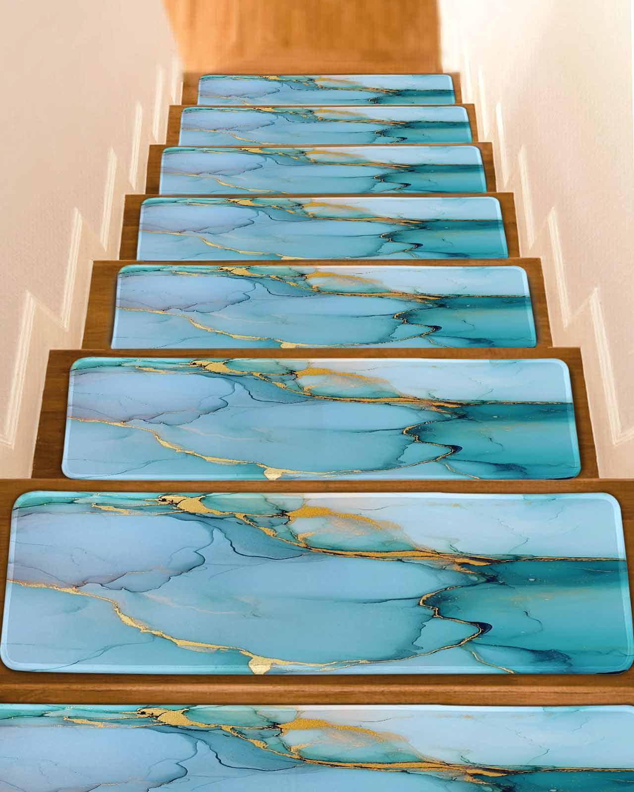 Teal Marble Non-Slip Stair Treads for Wooden Steps, 4 Pack-8x30in ...