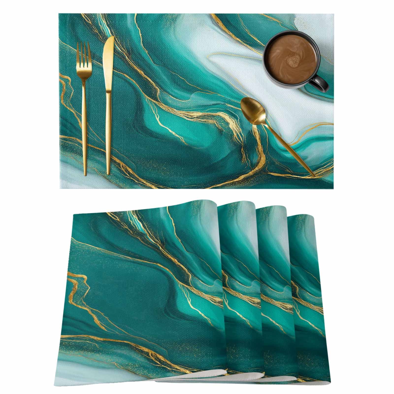 Teal Marble Placemats Set of 12, Modern Gradient Abstract Gold Fluid ...