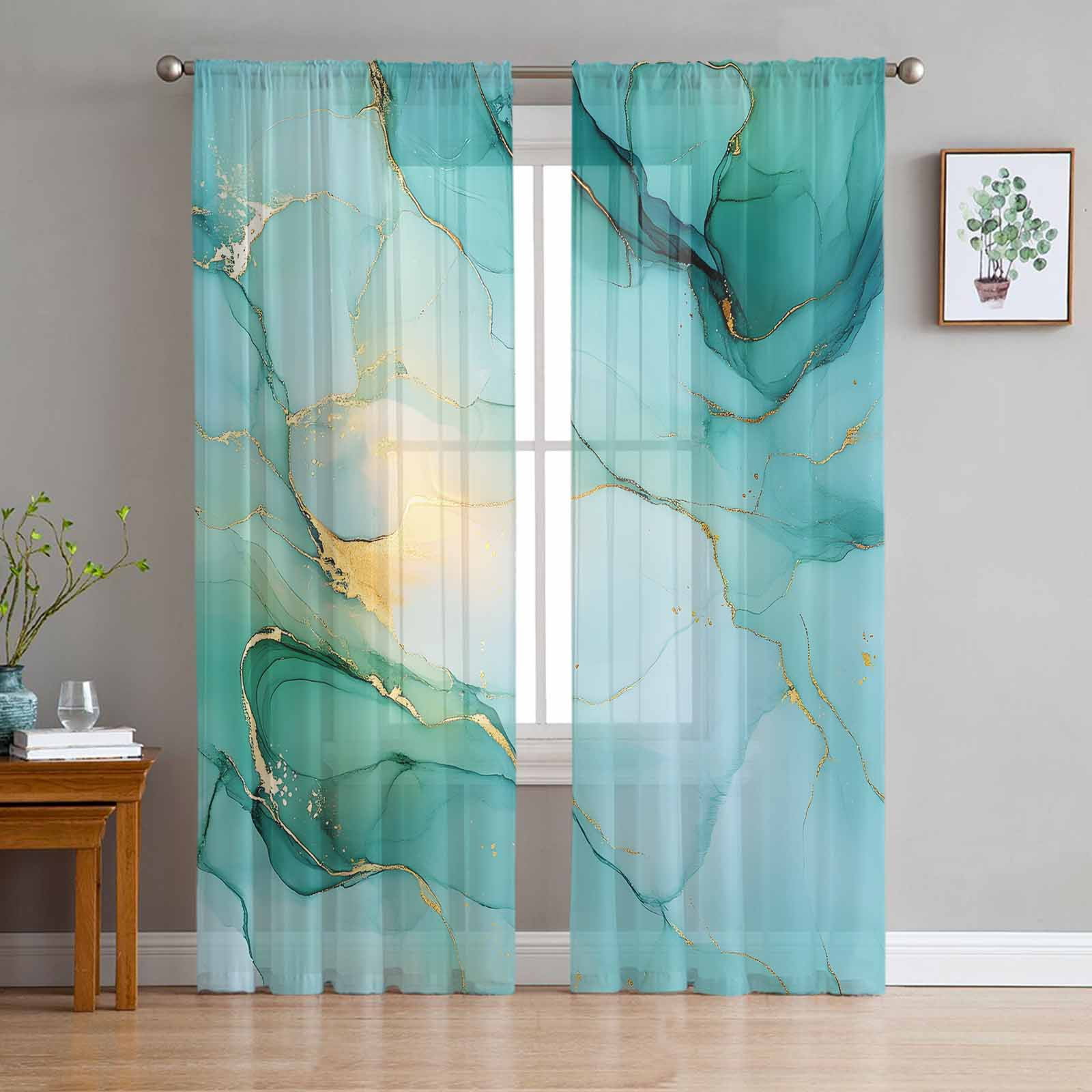 Teal Marble Sheer Curtains 108 Inch Length 2 Panels Set for Living Room ...