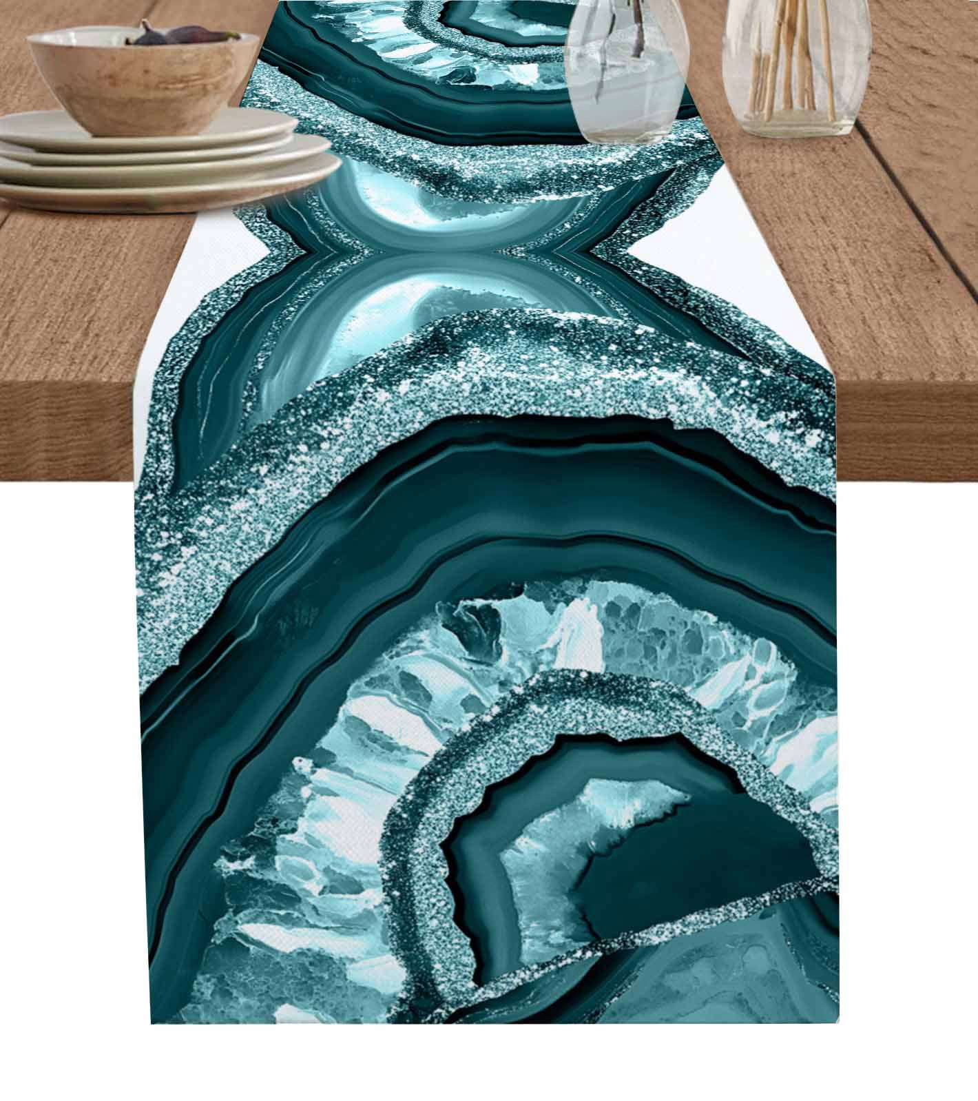 Teal Marble Table Runner 108 Inches, Vintage Vintage Chic Abstract ...