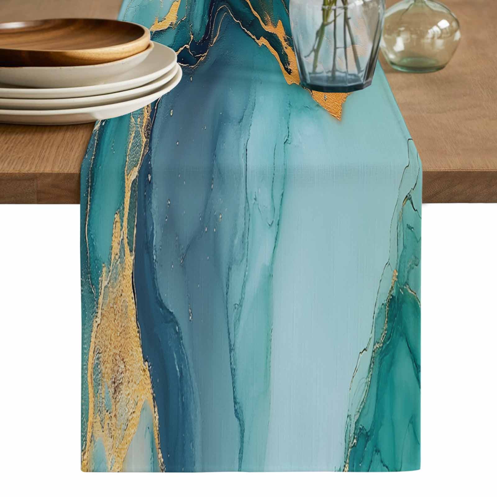 Teal Marble Table Runner, Modern Abstract Art Luxury Yellow Washable ...